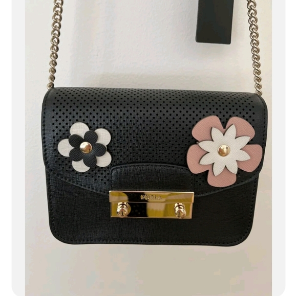 Furla | Bags | Furla Mini Leather Crossbody Black With Flowers | Poshmark